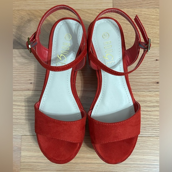 Rouge Helium | Shoes | Rouge Helium Red Wedge Platform Sandals In Suede ...